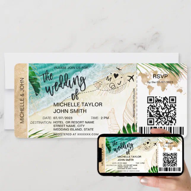 Boarding Pass World Map Island Beach RSVP QR code Invitation | Zazzle