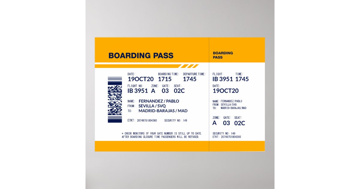 Boarding Pass - Yellow Poster | Zazzle