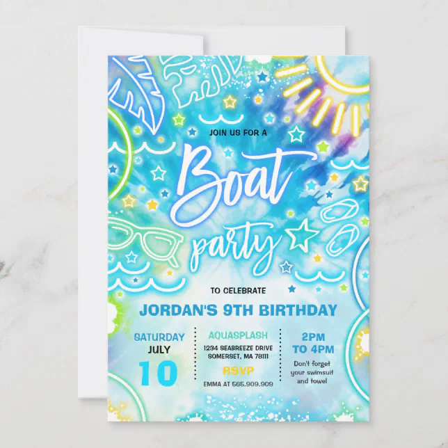 Boat Birthday Party Party At The Lake Tie Dye Glow Invitation | Zazzle