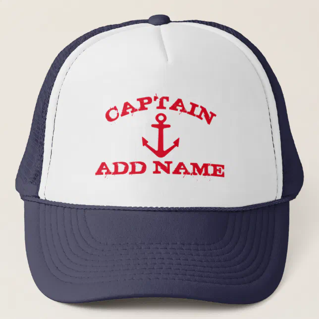 Boat captain hat with red nautical anchor and name | Zazzle