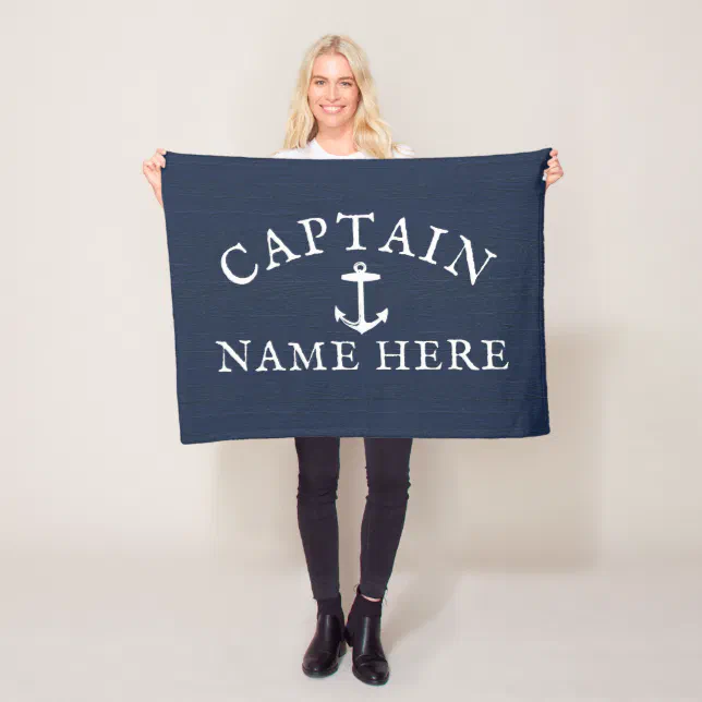 Boat Captain Name Nautical Anchor Navy Blue Fleece Blanket | Zazzle