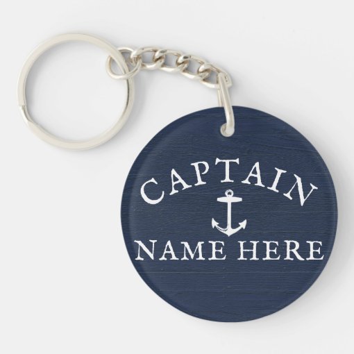 Boat Captain Name Nautical Anchor Navy Blue Keychain | Zazzle