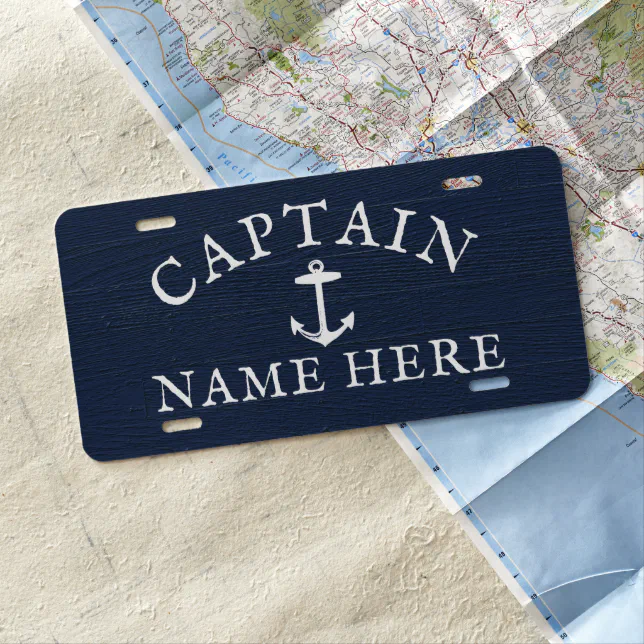 Boat Captain Name Nautical Anchor Navy Blue License Plate | Zazzle