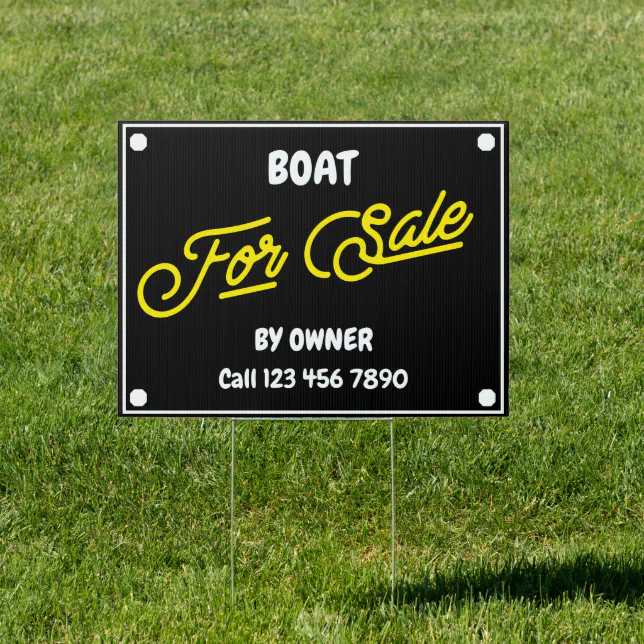 Boat For Sale White Text Yellow Script Black Sign | Zazzle
