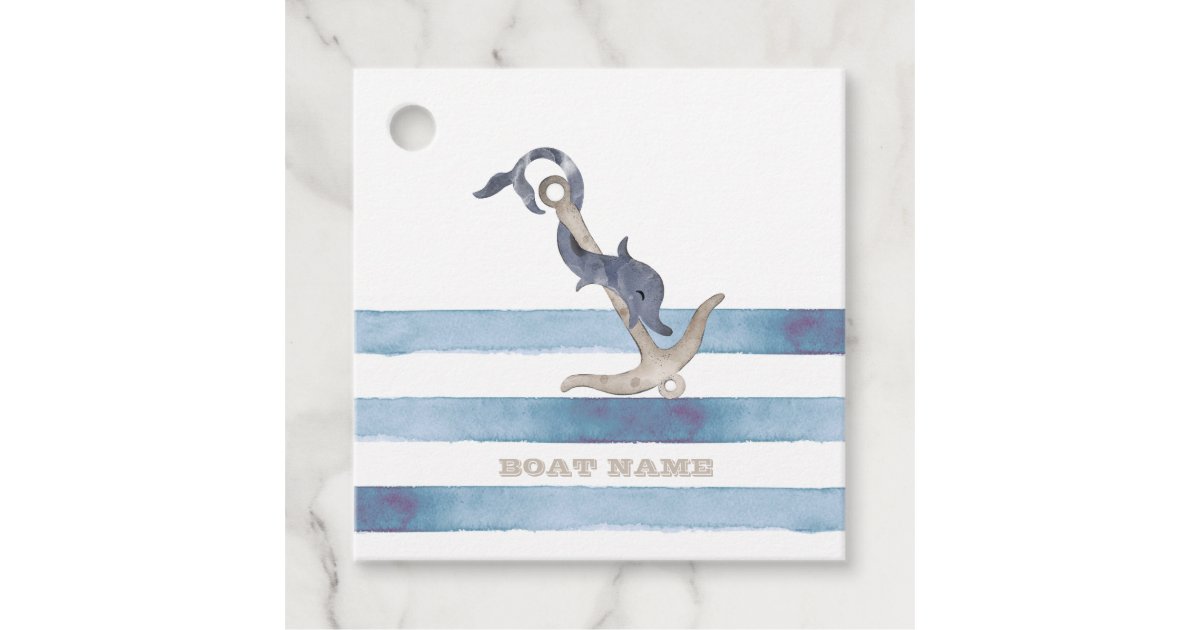 Boat Name,Anchor Dolphin Light Blue Stripes Favor Tags | Zazzle
