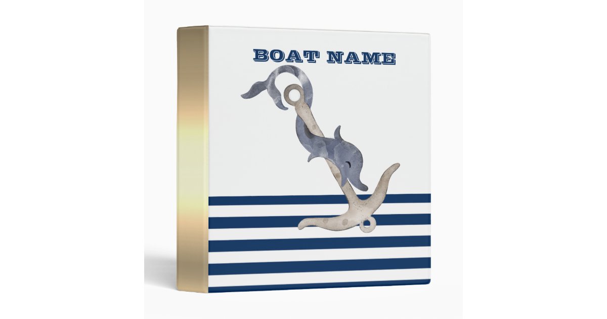 Boat Name,Anchor Dolphin Navy Blue Stripes 3 Ring Binder | Zazzle