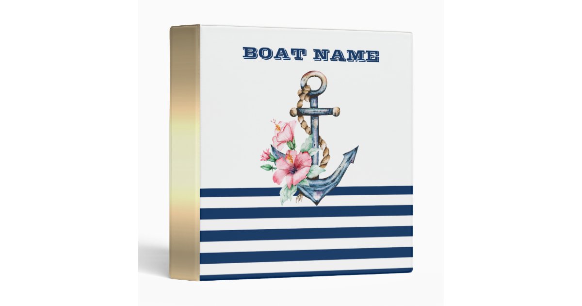 Boat Name,Floral Anchor Navy Blue Stripes 3 Ring Binder | Zazzle