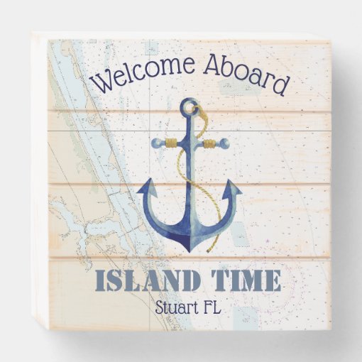 Boat Name Nautical Chart Anchor Welcome Aboard Wooden Box Sign | Zazzle