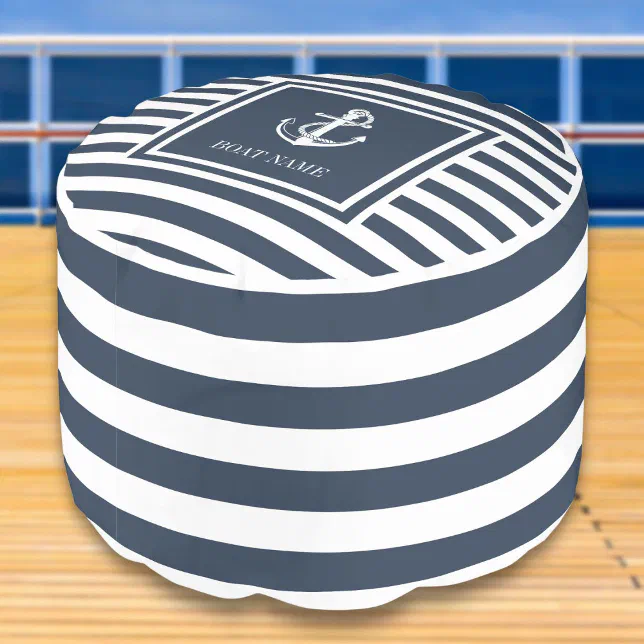 Boat Name Navy Blue Striped Nautical Anchor Pouf | Zazzle