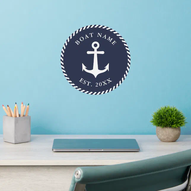 Boat Name Navy Blue & White Round Nautical Anchor Wall Decal | Zazzle