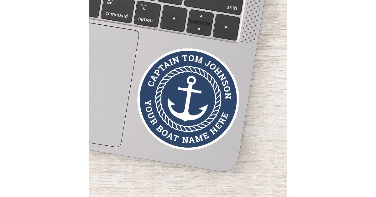 Boat name with anchor dark blue captain sticker | Zazzle