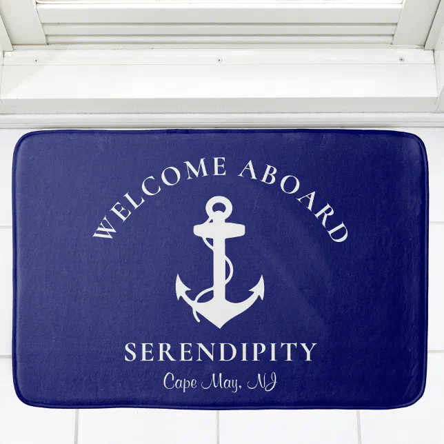 Boat Nautical Anchor Navy Monogram Welcome Aboard Bath Mat | Zazzle