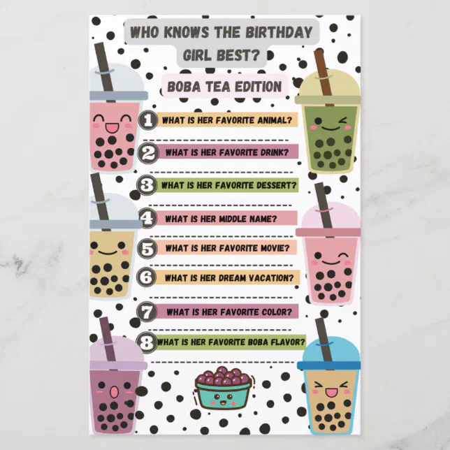 Boba Tea Birthday Party Game Activity | Zazzle