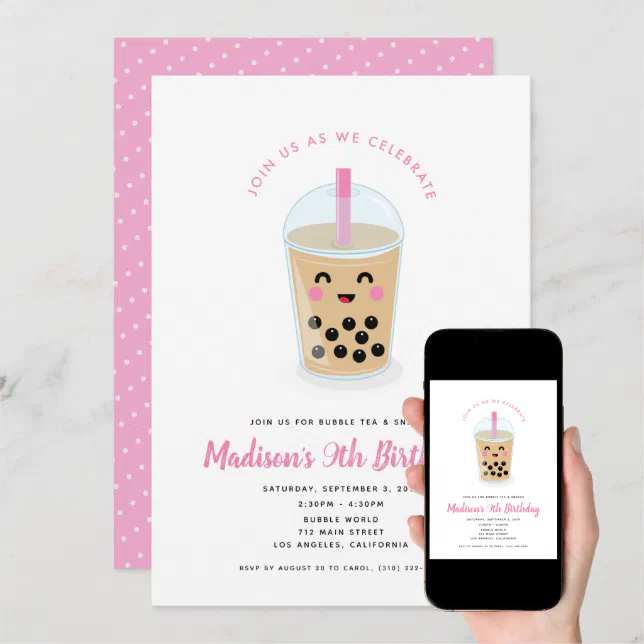 Boba Tea Party Invitation in Pink | Zazzle