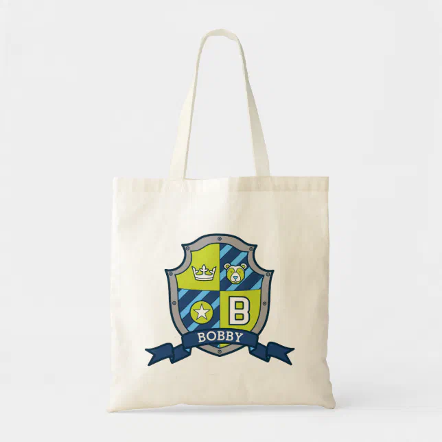 Bobby bear kids knight shield B name library bag | Zazzle