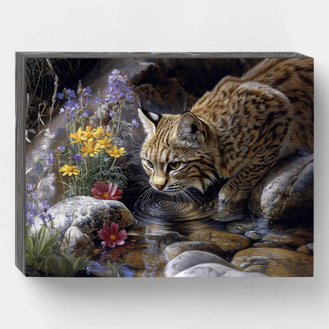 Bobcat with Wildflowers Scenic Art Wooden Box Sign | Zazzle
