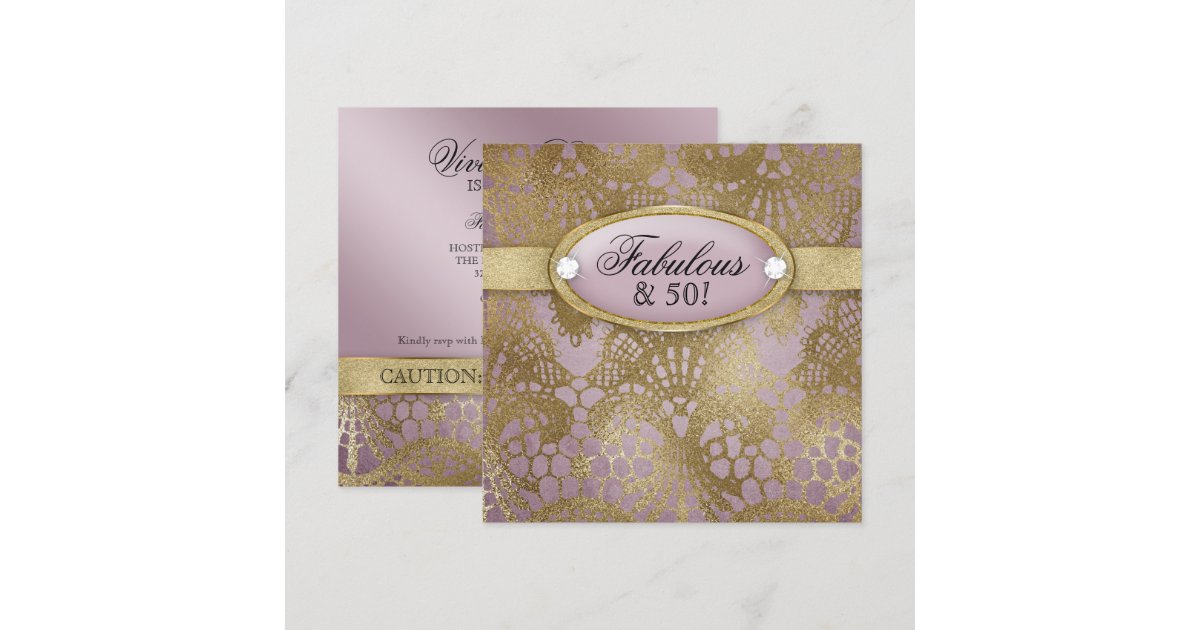 Bodacious Birthday Party Fifty Mauve Gold Lace Invitation | Zazzle