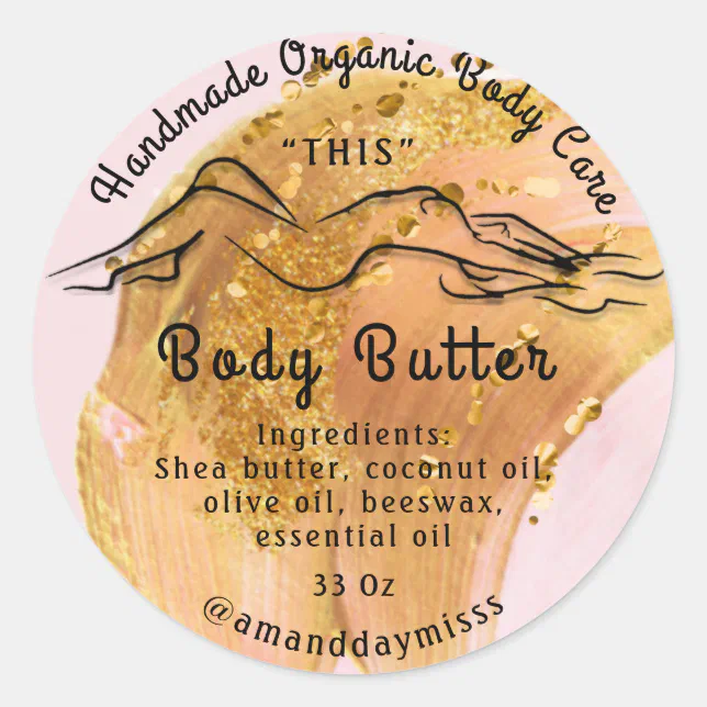 Body Butter Balm Care Packaging Golden Pink Logo Classic Round Sticker ...
