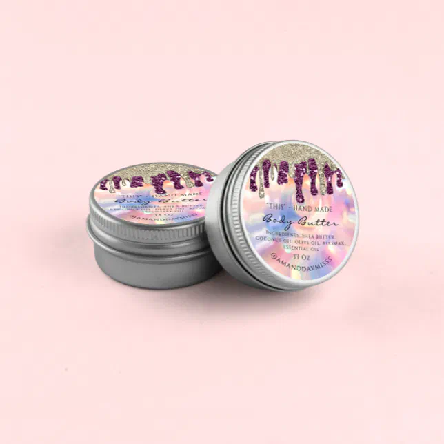 Body Butter Packaging Glitter Drip Gold Holograph Classic Round Sticker ...