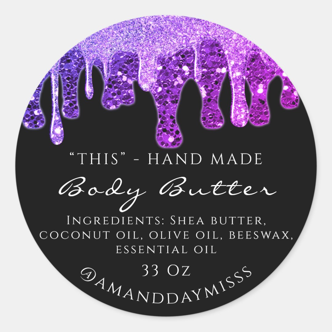 Body Butter Packaging Glitter Drip Purple Pink Classic Round Sticker ...