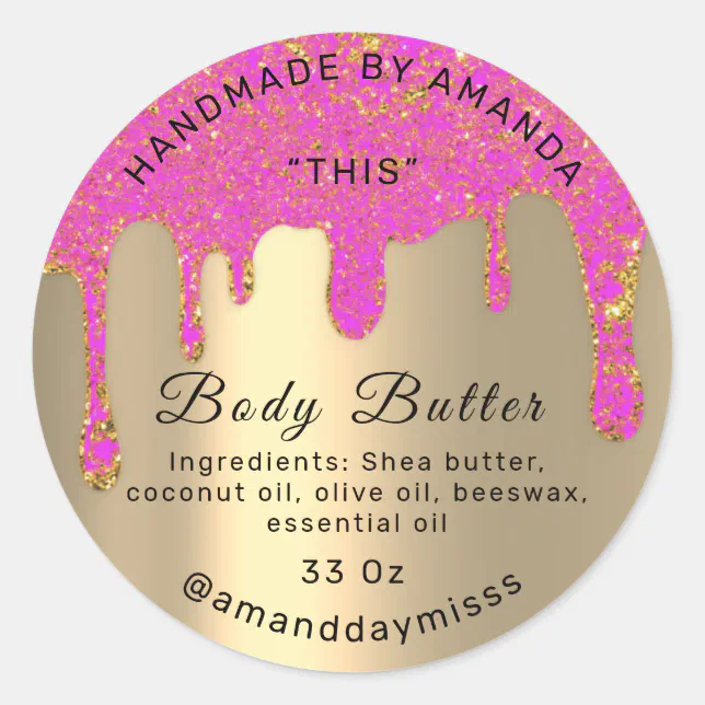 Body Butter Packaging Pink Drips Gold Classic Round Sticker | Zazzle