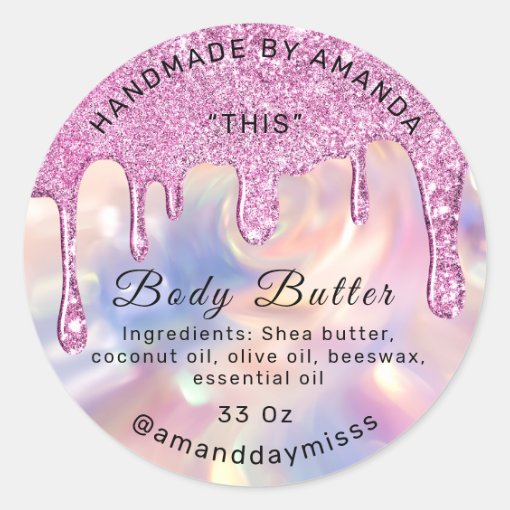 Body Butter Packaging Pink Drips Holographic Classic Round Sticker | Zazzle