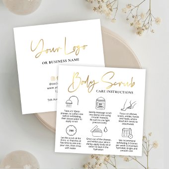 Body Scrub Application Guide White & Gold Logo Square Business Card ...