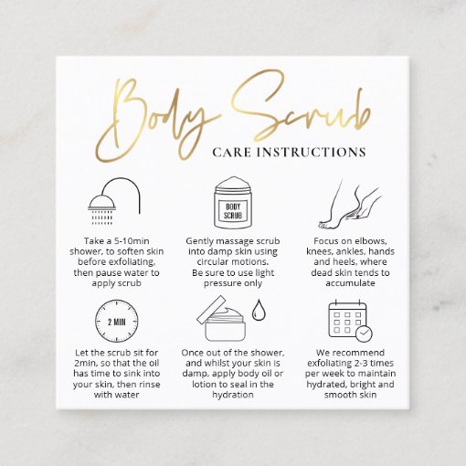 Body Scrub Application Guide White & Gold Logo Square Business Card ...
