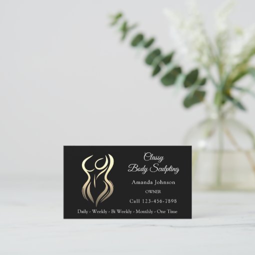 Body Shaping Sculpting Massage Gold Logo QR Black Business Card | Zazzle