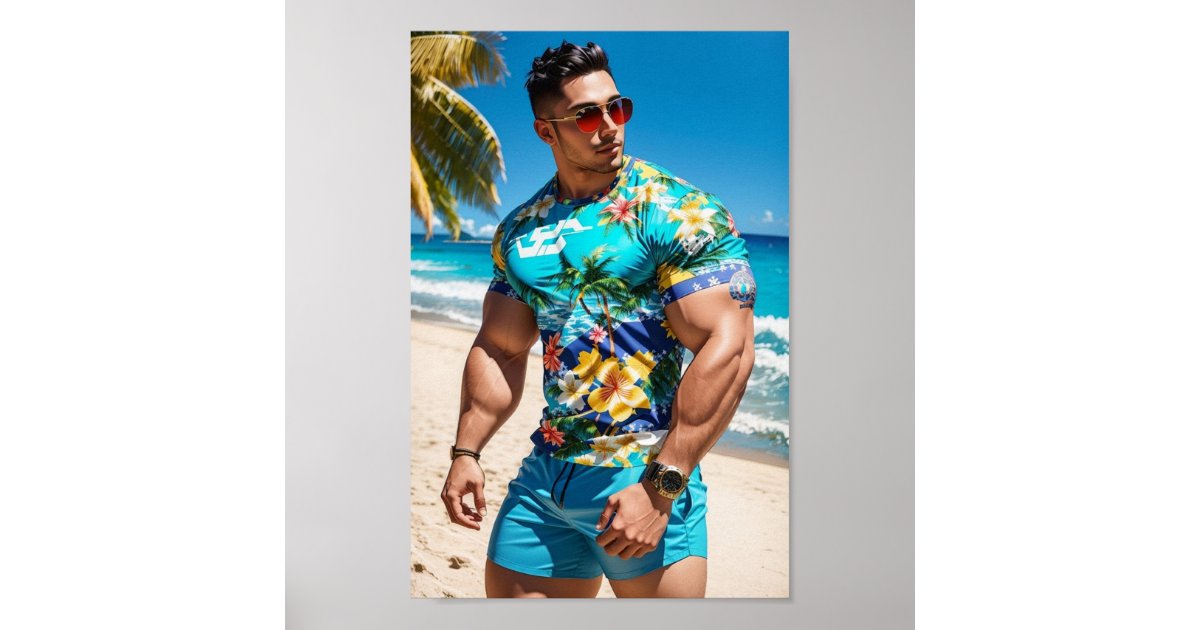 Bodybuilder Model at Hawaii Beach Poster | Zazzle