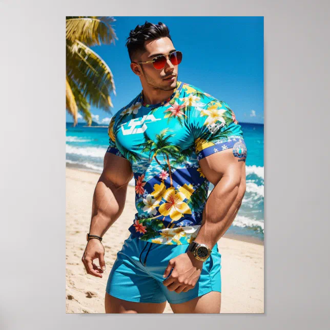 Bodybuilder Model at Hawaii Beach Poster | Zazzle