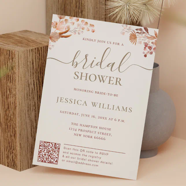 Boemian Flowers With QR Code Bridal Shower Invitation | Zazzle
