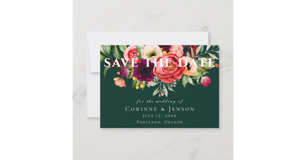 Bohemian Blooms Emerald Save The Date Announcement | Zazzle