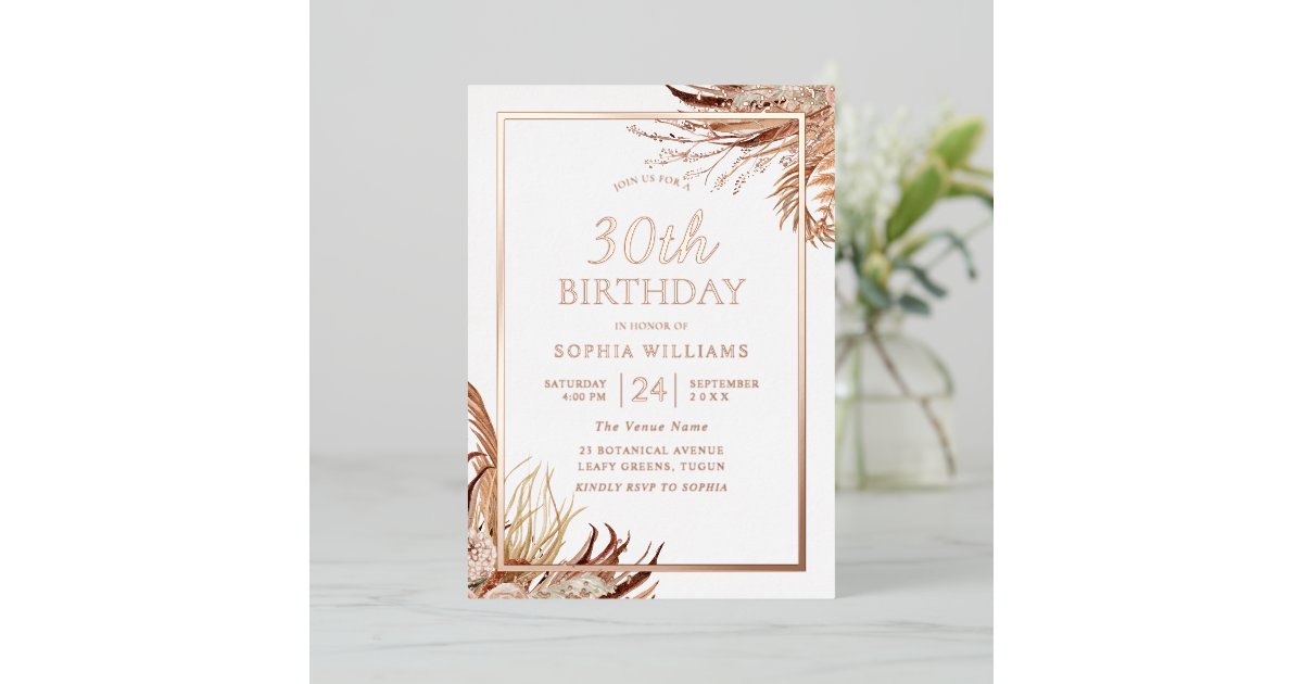 Bohemian Boho 30th Birthday Party Rose Gold Foil Foil Invitation | Zazzle