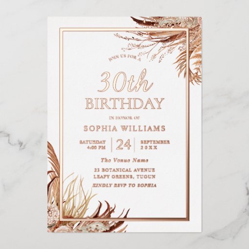 Bohemian Boho 30th Birthday Party Rose Gold Foil Foil Invitation | Zazzle