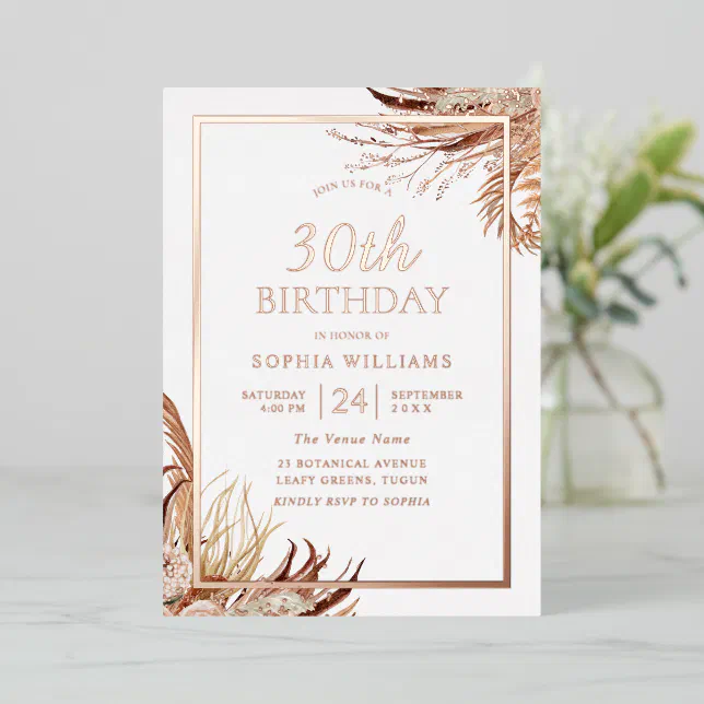 Bohemian Boho 30th Birthday Party Rose Gold Foil Foil Invitation | Zazzle