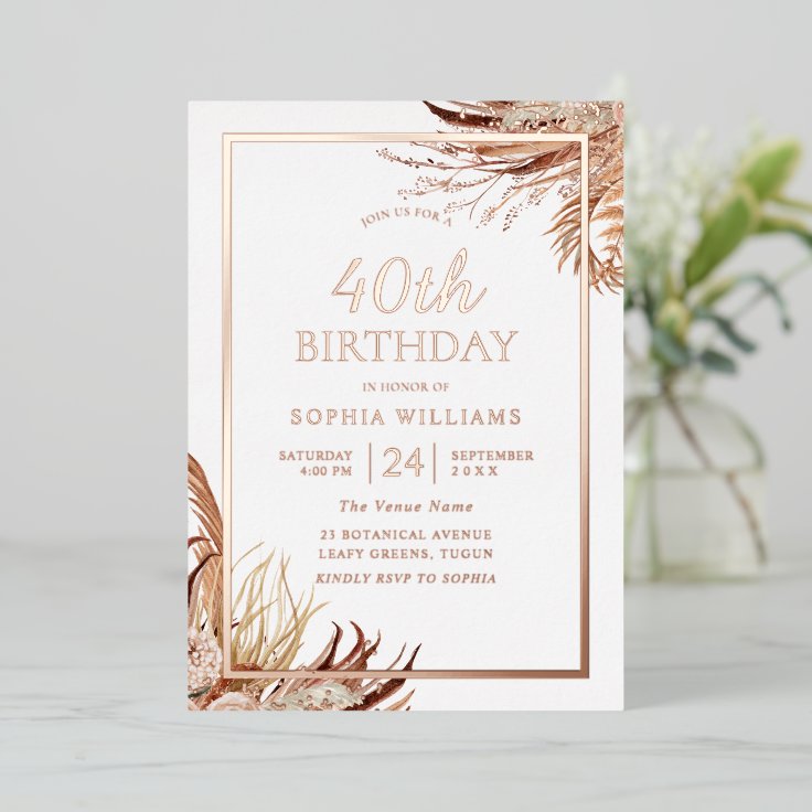 Bohemian Boho 40th Birthday Party Rose Gold Foil Invitation | Zazzle