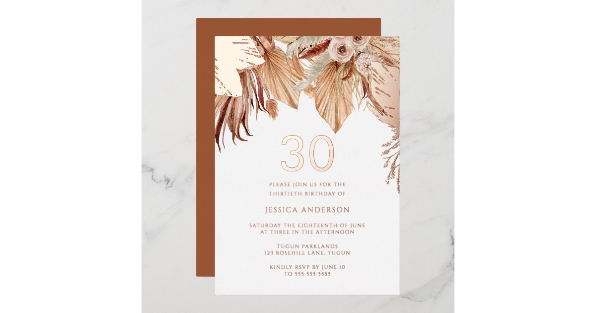 Bohemian Boho Floral 30th Birthday Party Rose Gold Foil Invitation | Zazzle