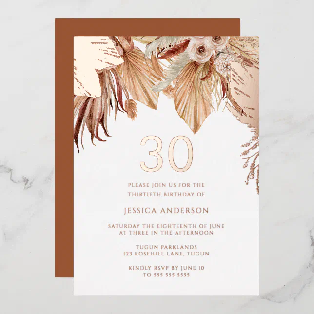 Bohemian Boho Floral 30th Birthday Party Rose Gold Foil Invitation | Zazzle