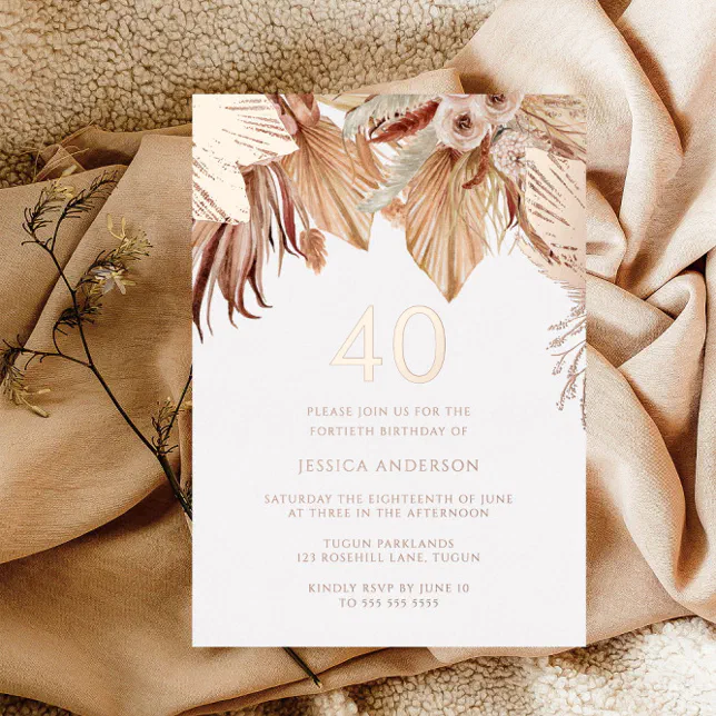 Bohemian Boho Floral 40th Birthday Party Rose Gold Foil Invitation | Zazzle