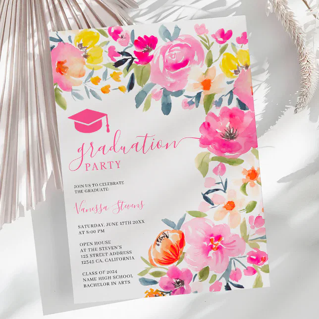 Bohemian bold floral watercolor pink graduation invitation | Zazzle