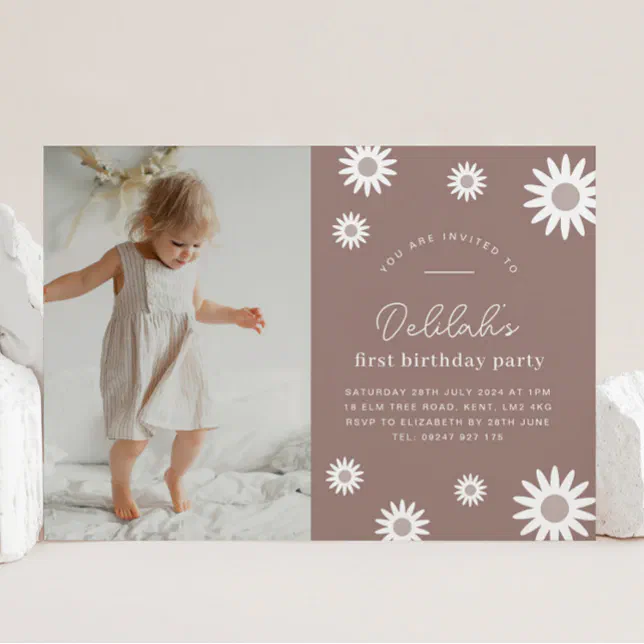 Bohemian Daisy Landscape Photo Birthday Invitation | Zazzle