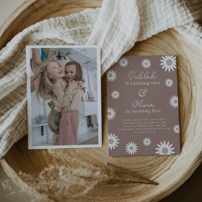 Bohemian Daisy Photo Joint Birthday Invitation | Zazzle