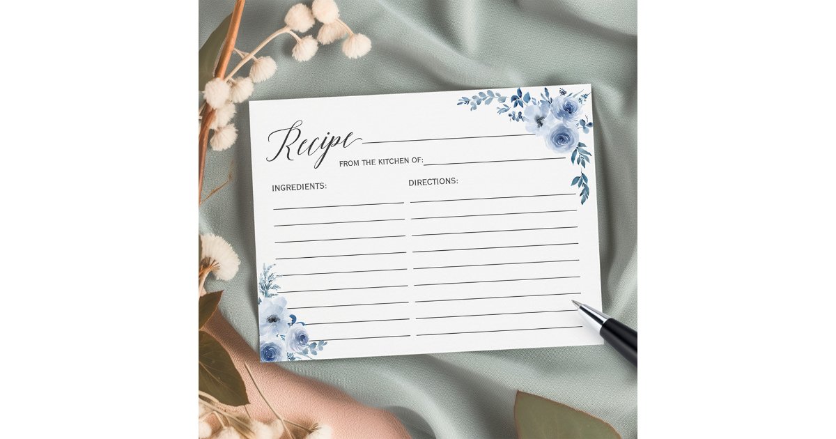 Bohemian Dusty Blue Floral Recipe Card | Zazzle