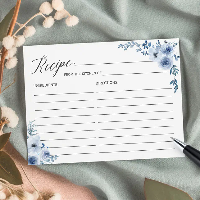 Bohemian Dusty Blue Floral Recipe Card | Zazzle