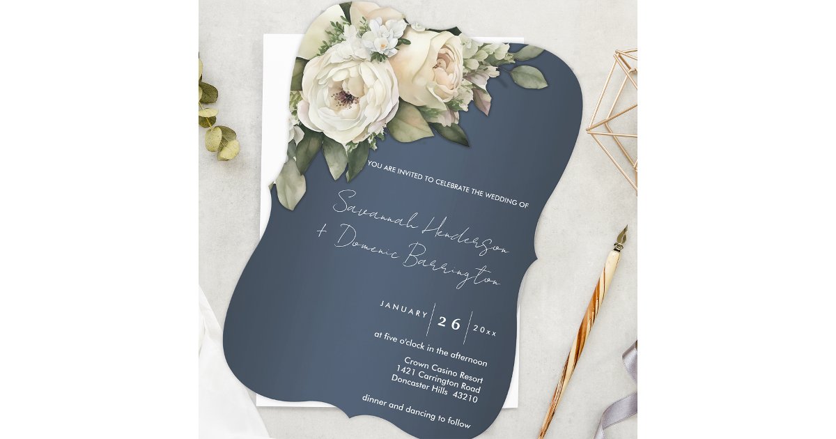 Bohemian Elegance Curved Dusty Blue Wedding Invitation | Zazzle