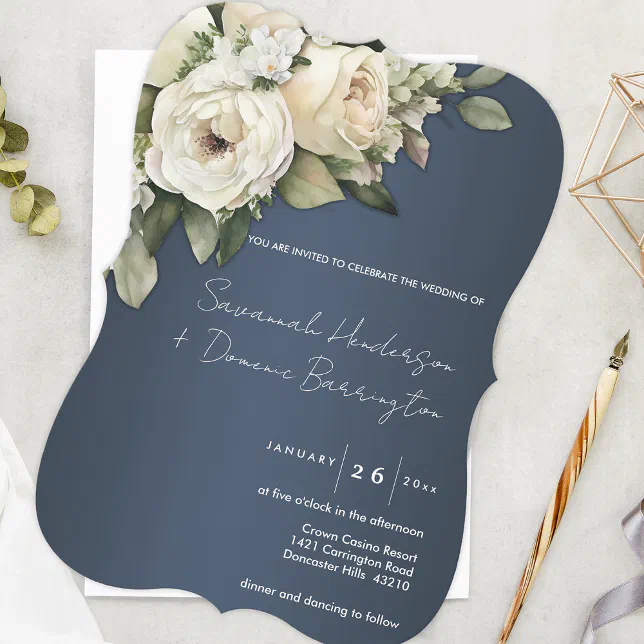 Bohemian Elegance Curved Dusty Blue Wedding Invitation | Zazzle