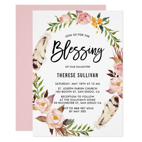 Bohemian Feathers and Floral Wreath Baby Blessing Invitation | Zazzle.com
