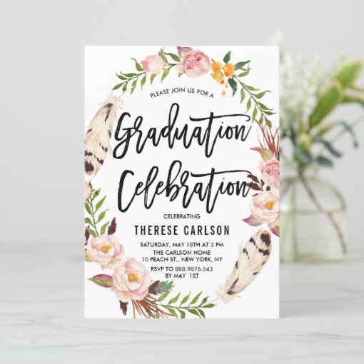 Bohemian Feathers and Floral Wreath Graduation Invitation | Zazzle