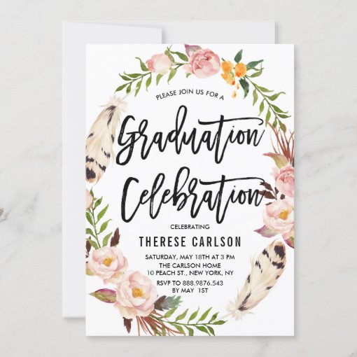Bohemian Feathers and Floral Wreath Graduation Invitation | Zazzle